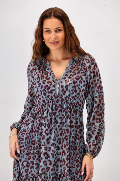 Gloss The Label Anais Empire Line Dress Blue Animal Print | Shine On Outlet
