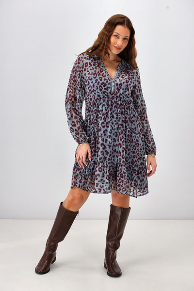 Gloss The Label Anais Empire Line Dress Blue Animal Print | Shine On Outlet