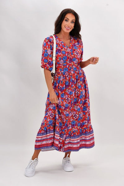 Sunday Boho Faith 3/4 Sleeve Midi Dress Red Floral | Shine On Outlet