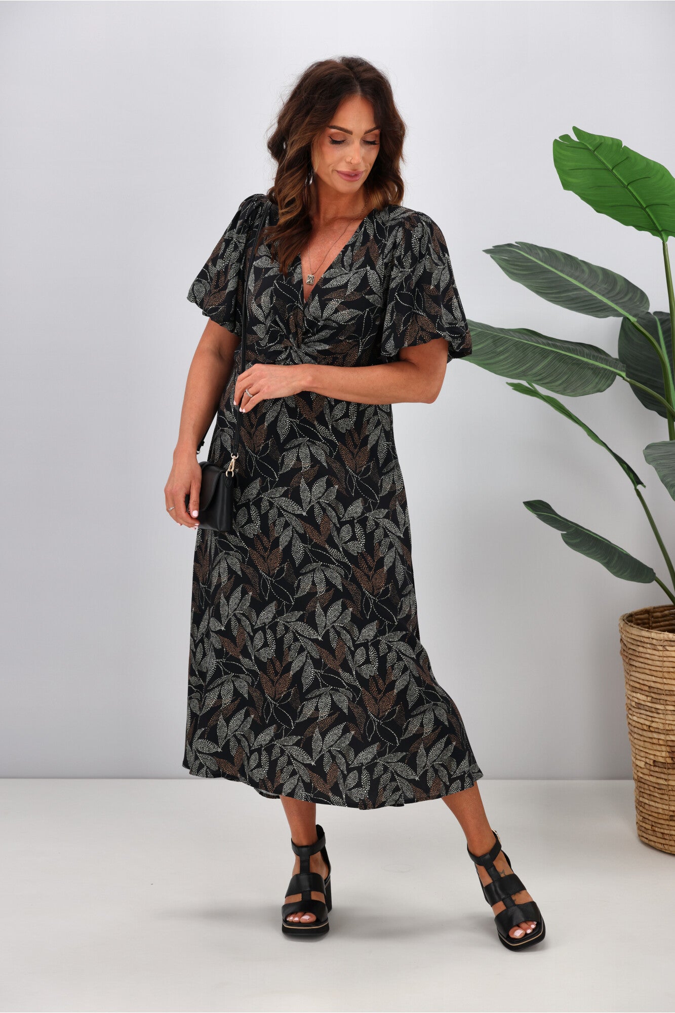 Gloss by Shine On Thora Knot Front Dress Black Leaf Dot Print | Shine ...