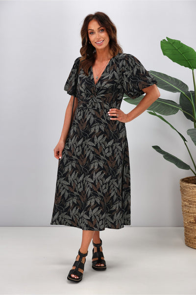Gloss by Shine On Thora Knot Front Dress Black Leaf Dot Print | Shine ...
