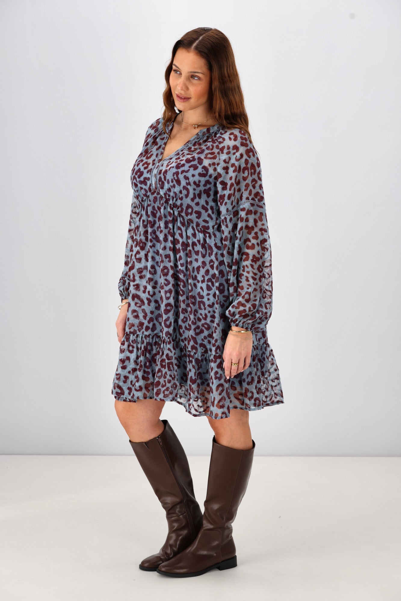 Gloss The Label Anais Empire Line Dress Blue Animal Print | Shine On Outlet