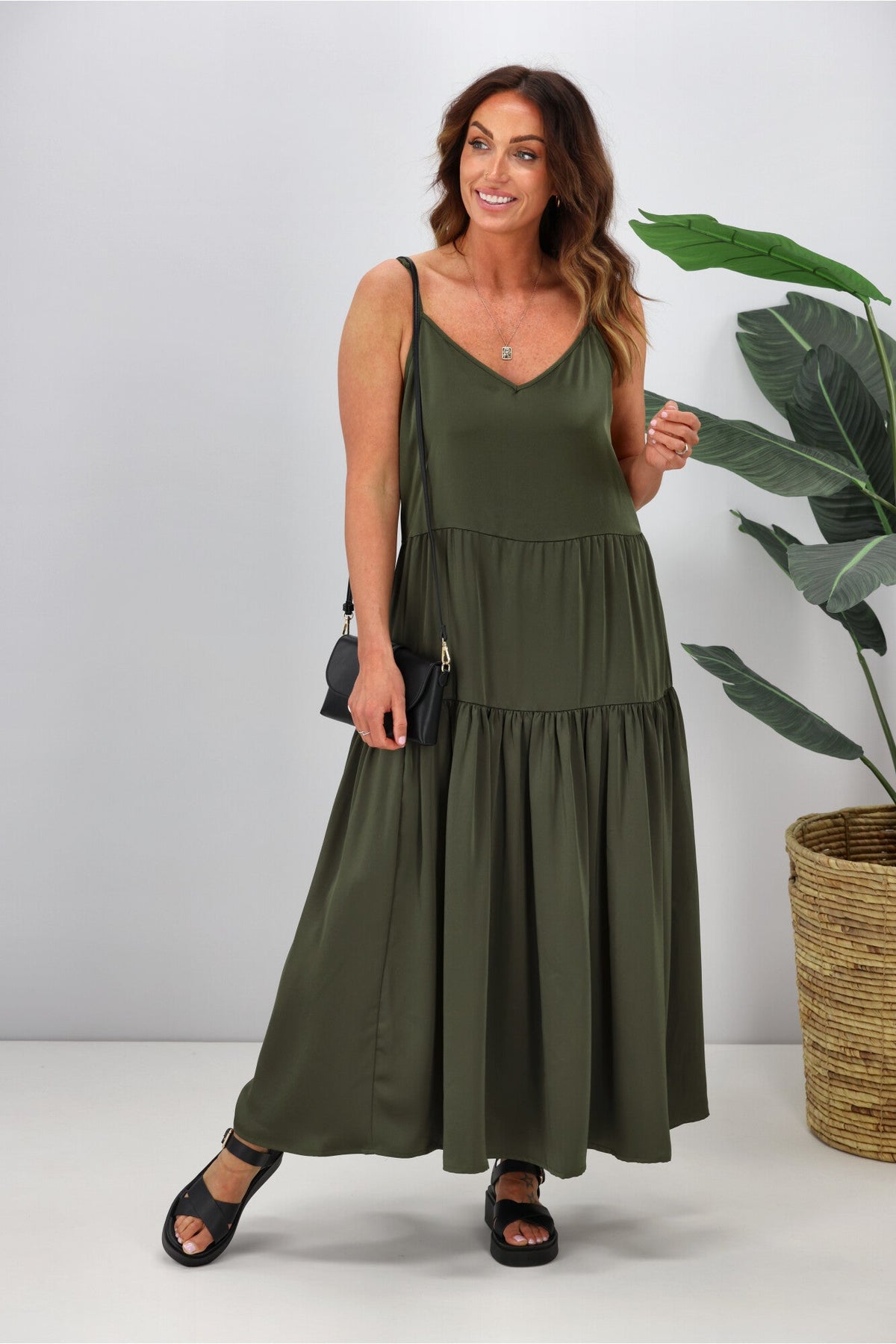 Shine On Label Harrie Satin Maxi Dress Olive | Shine On Outlet
