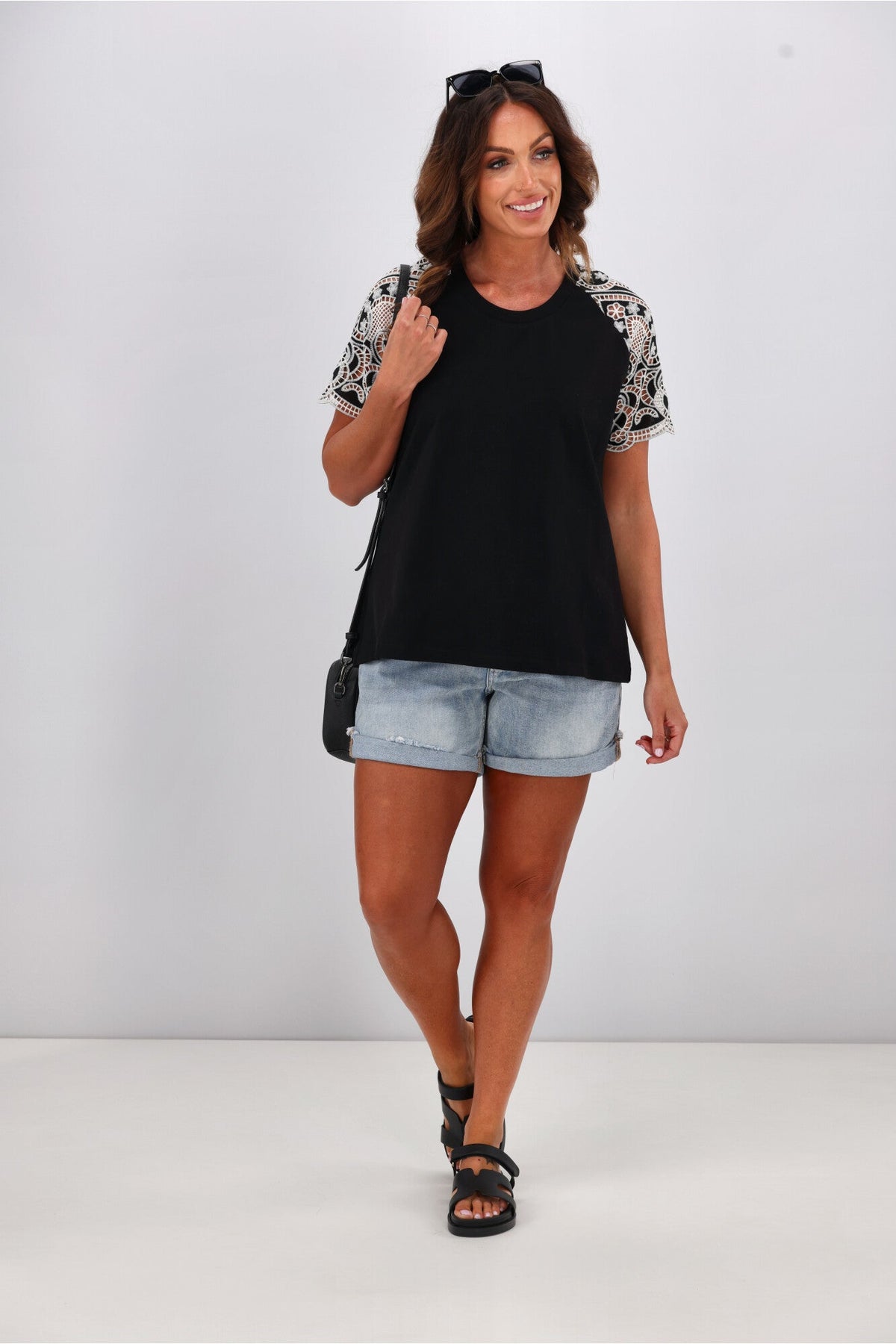 Shine On Label Dorset Embroidery Cut Out Top Black | Shine On Outlet