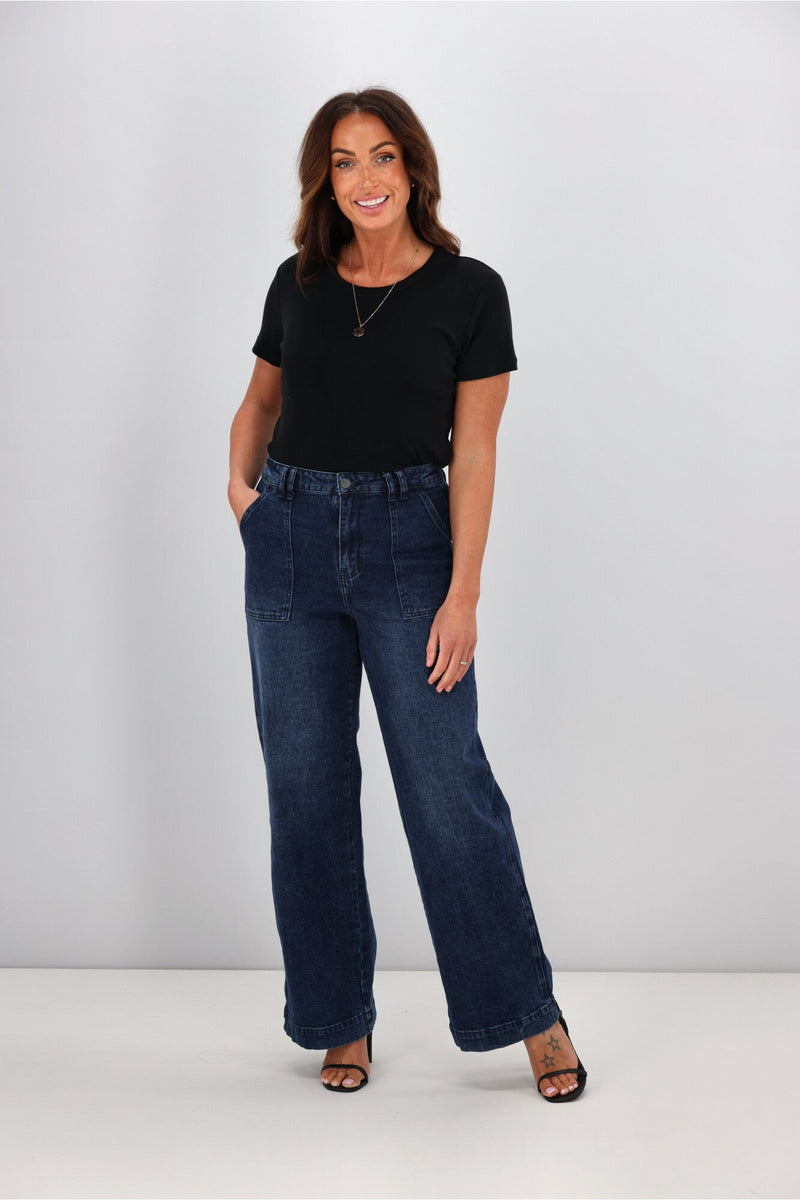 Shine On Label Noah Wide Leg Patch Pocket Jeans Indigo | Shine On Outlet